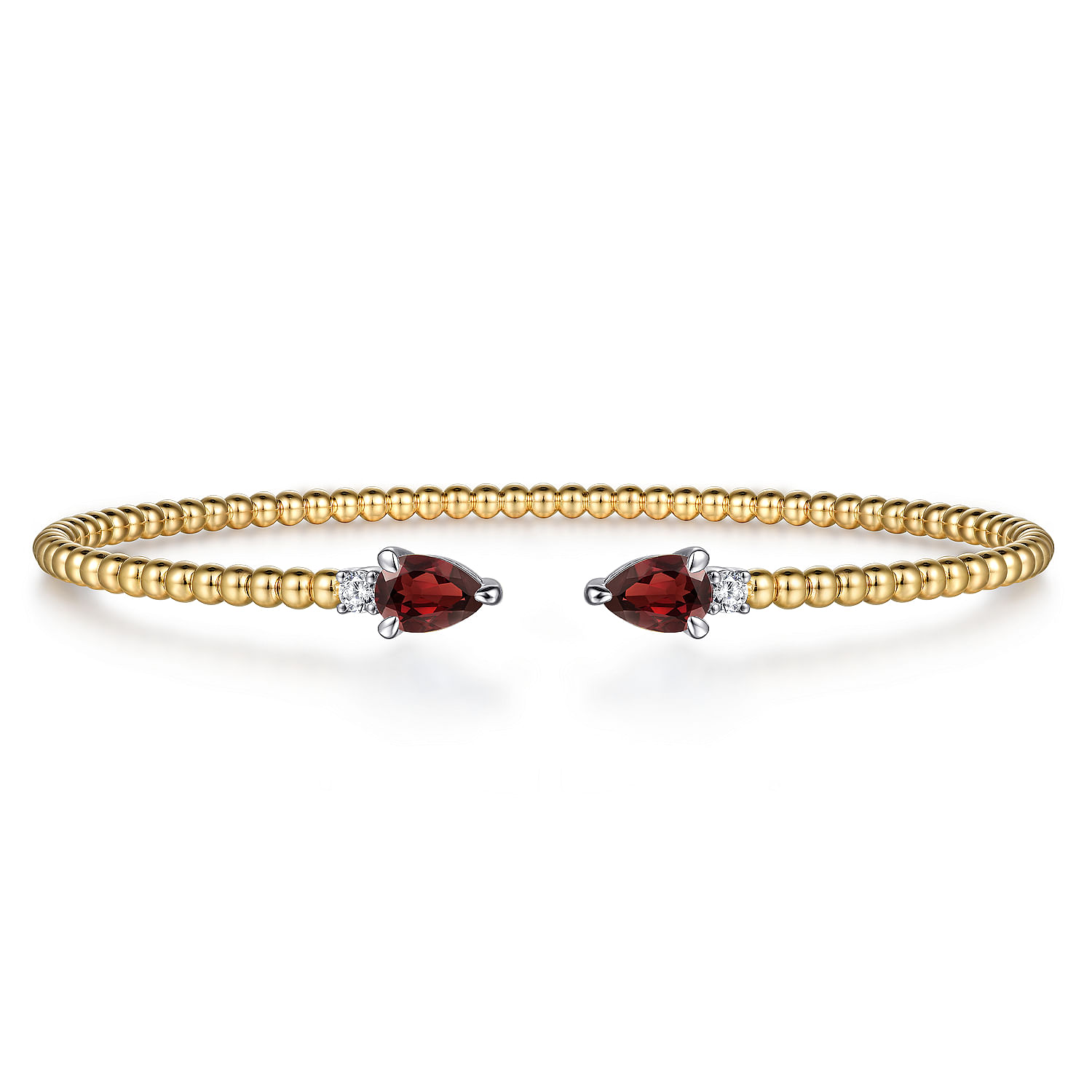 14K White Yellow Gold Bujukan Open Cuff Bracelet with Garnet and Diamond End Caps