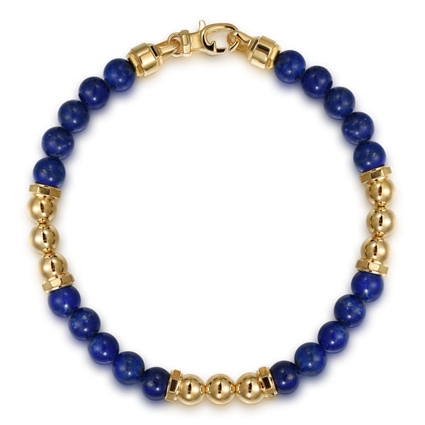 14K Yellow Gold 6mm Lapis bead and 6mm Yellow Gold Beaded Mens Bracelet ...