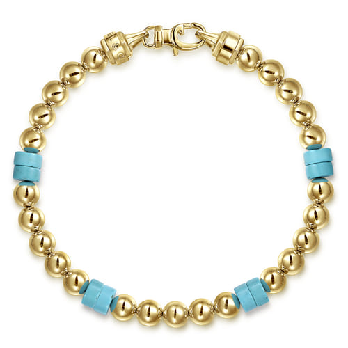 14K Yellow Gold 6mm ball and Turquoise Cylinder Beaded Bracelet | Shop ...