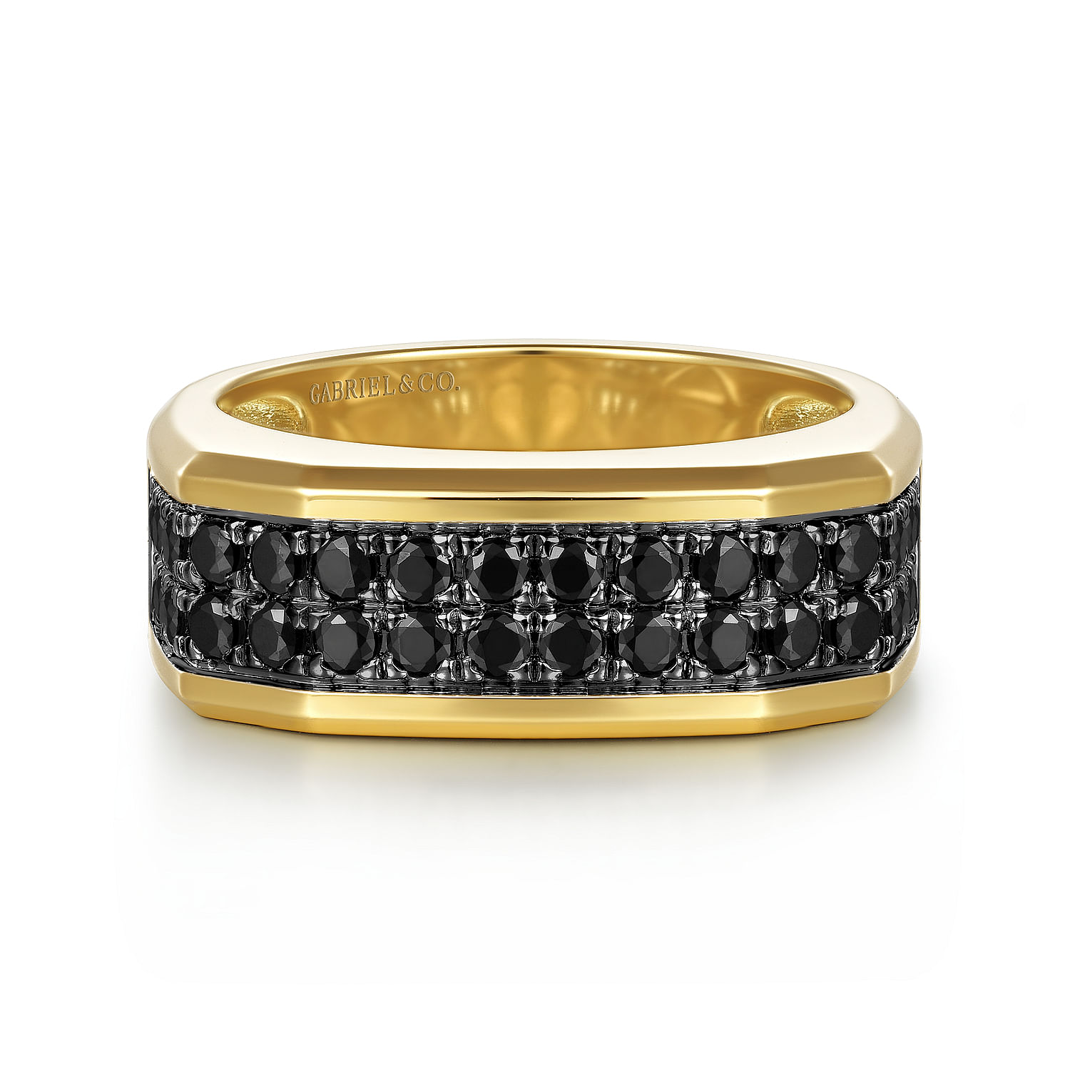 14K Yellow Gold Black Diamond Mens Ring in Sand Blast Finish