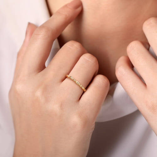 14K Yellow Gold Orzo shape and Bujukan Bead Station Stackable Ring ...