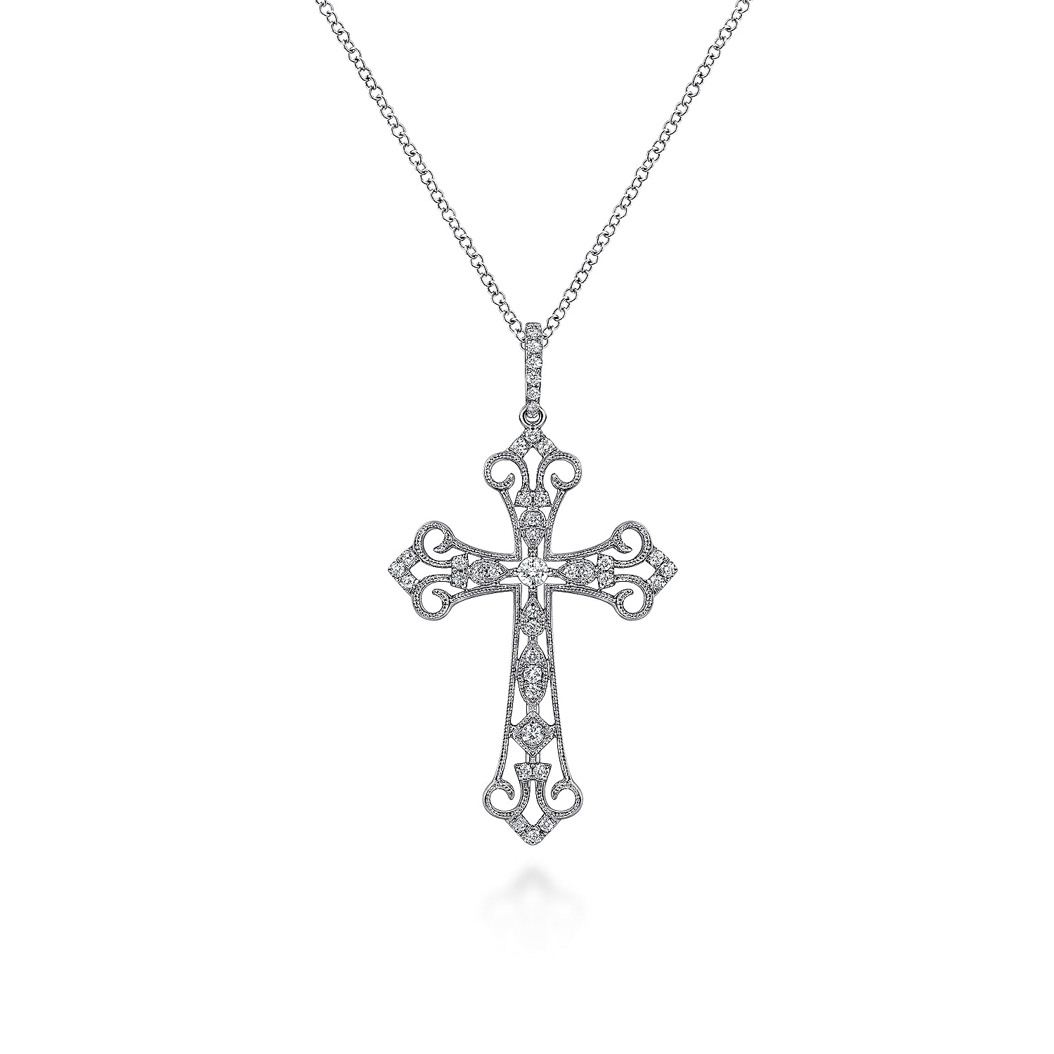 18 inch 14K White Gold Diamond Filigree Cross Pendant Necklace