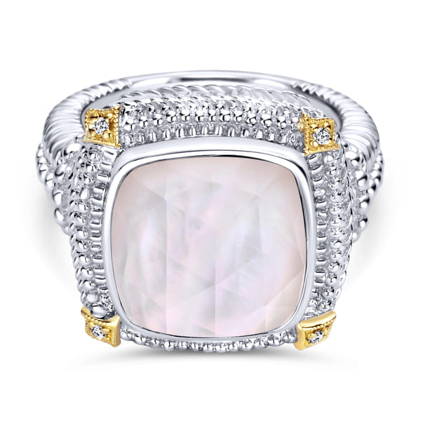 925 Sterling Silver-18K Yellow Gold Cushion Cut Rock Crystal Pink MOP ...