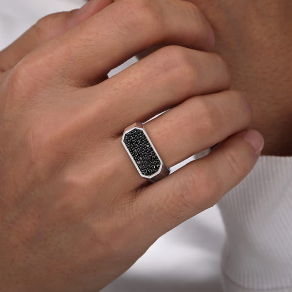 925 Sterling Silver Black Spinel Pave Men's Ring in Sand Blast Finish ...