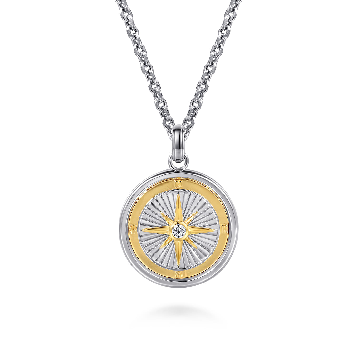 925 Sterling Silver and 14K Yellow Gold Compass Pendant with White ...
