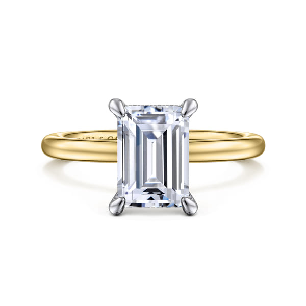14K White-Yellow Gold Hidden Halo Emerald Cut Diamond Engagement Ring ...