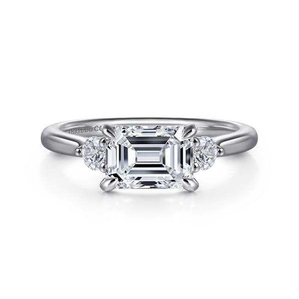 14K White Gold Emerald Cut Three Stone Lotus Diamond Engagement Ring ...