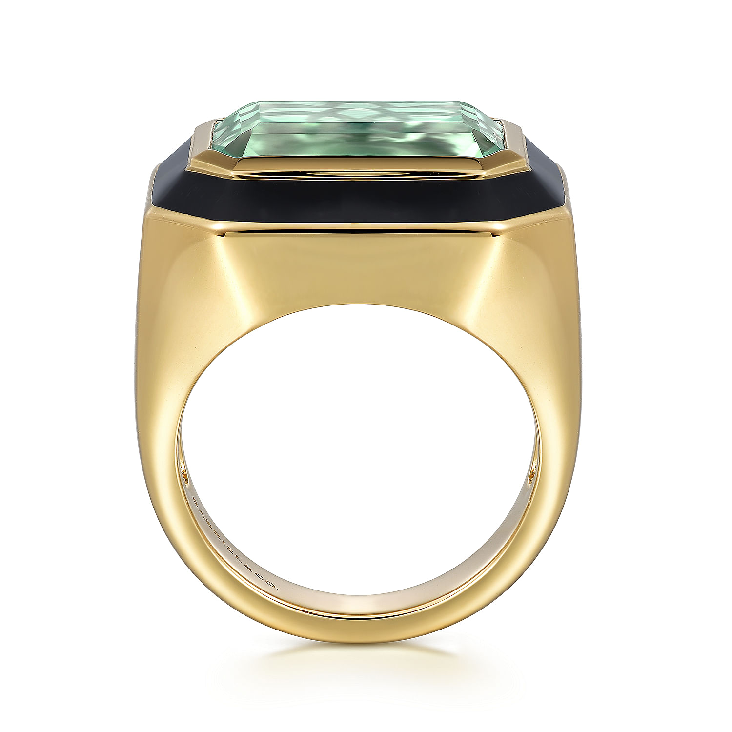14K Yellow Gold Green Amethyst Emerald Cut Ladies Ring with Flower Pattern J Back and Black Enamel