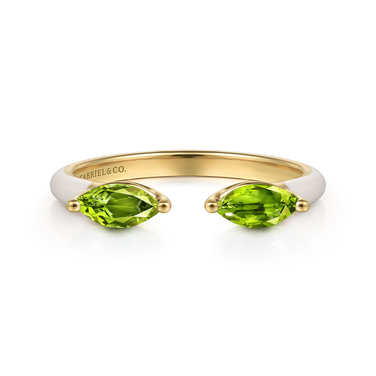 14K Yellow Gold Marquise Peridot Open Stackable Ring with White Enamel ...