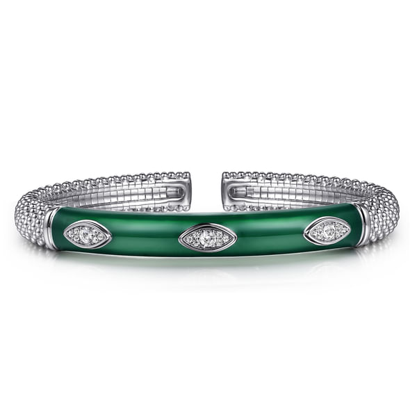 925 Sterling Silver Bujukan White Sapphire Split Bangle with Dark Green ...