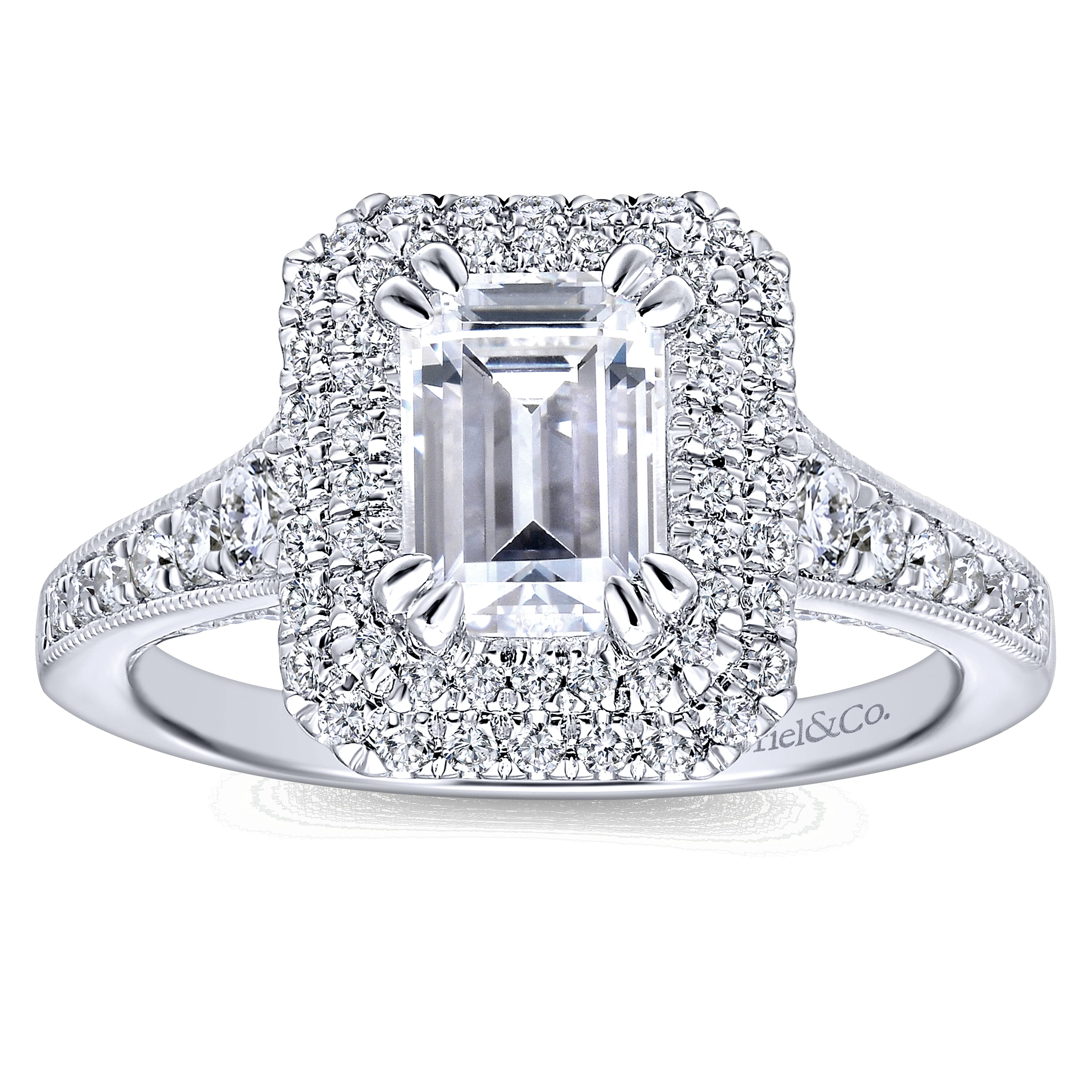 Jasmine 14K White Gold Double Halo Emerald Cut Diamond Engagement Ring