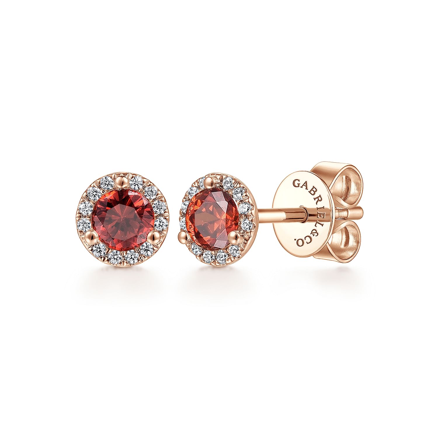Gabriel Co 14K Rose Gold Diamond Halo Garnet Stud Earrings