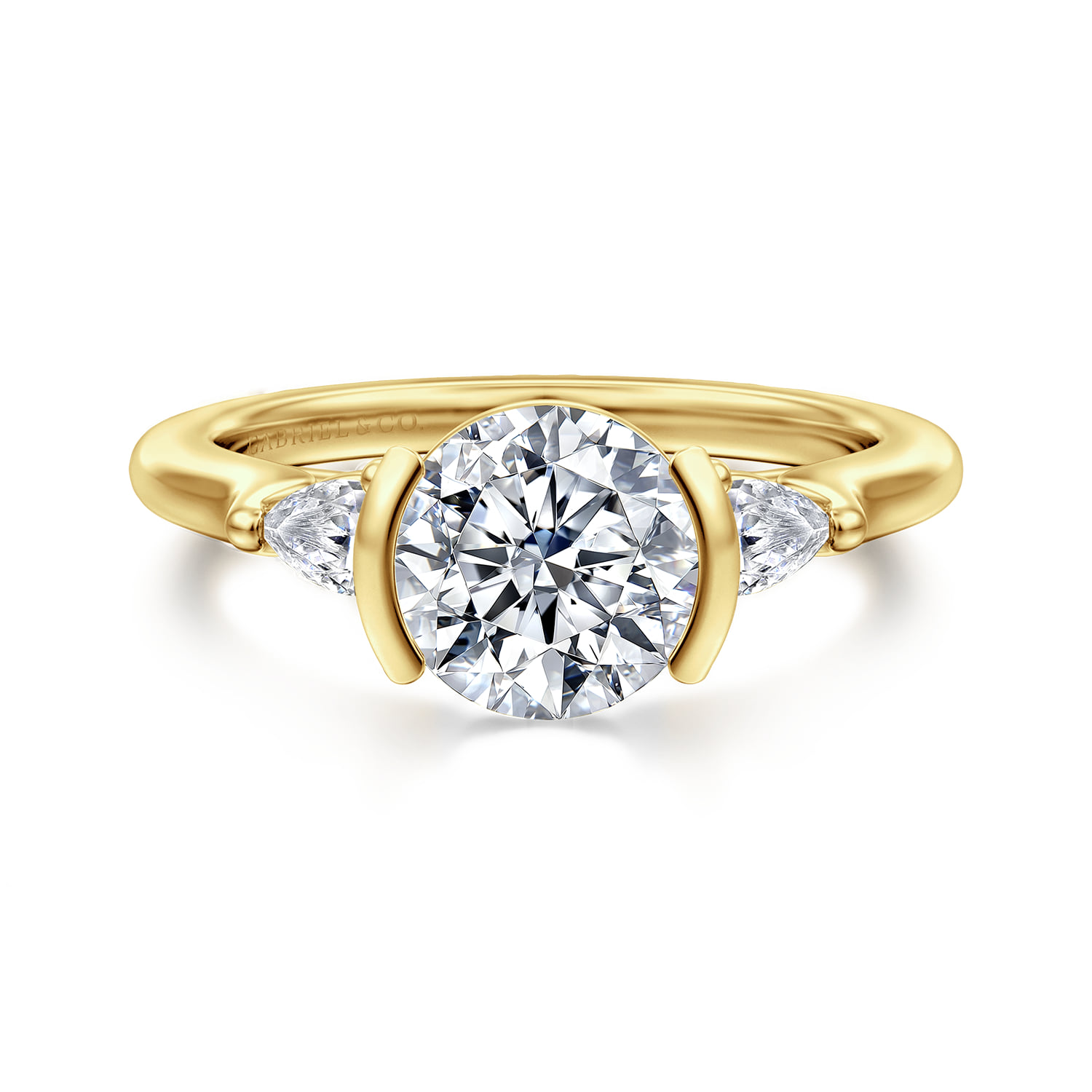 14K Yellow Gold Half Bezel Round Three Stone Diamond Engagement Ring ...