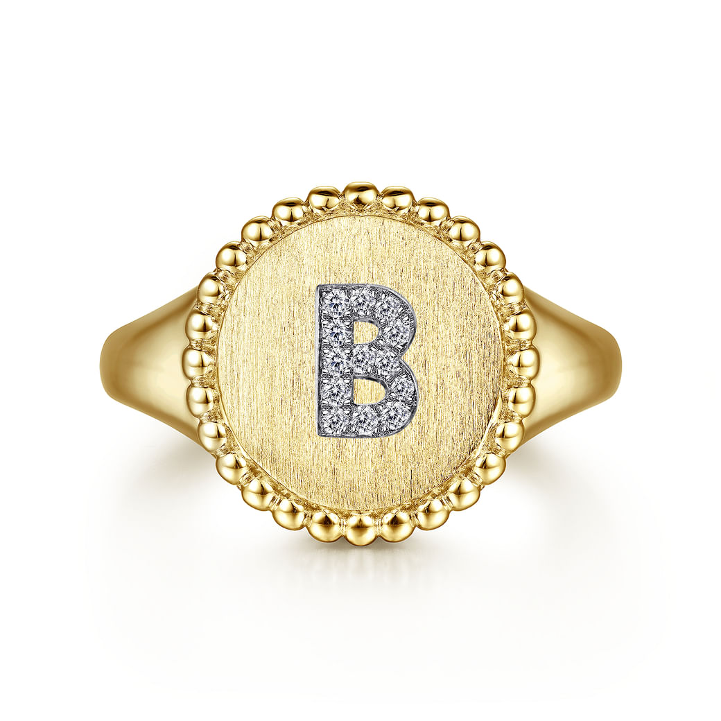B Letter In Gold Ring Capital "B" Diamond Initial Ring With Bezel Set