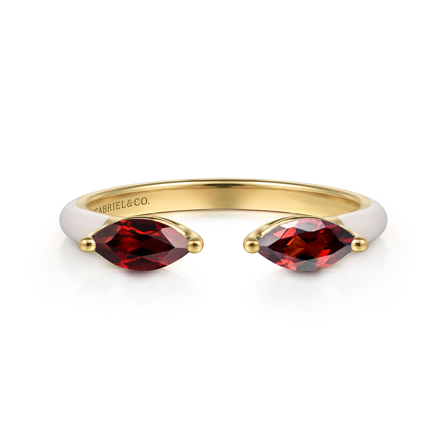 14K Yellow Gold Marquise Garnet Open Stackable Ring with White Enamel ...