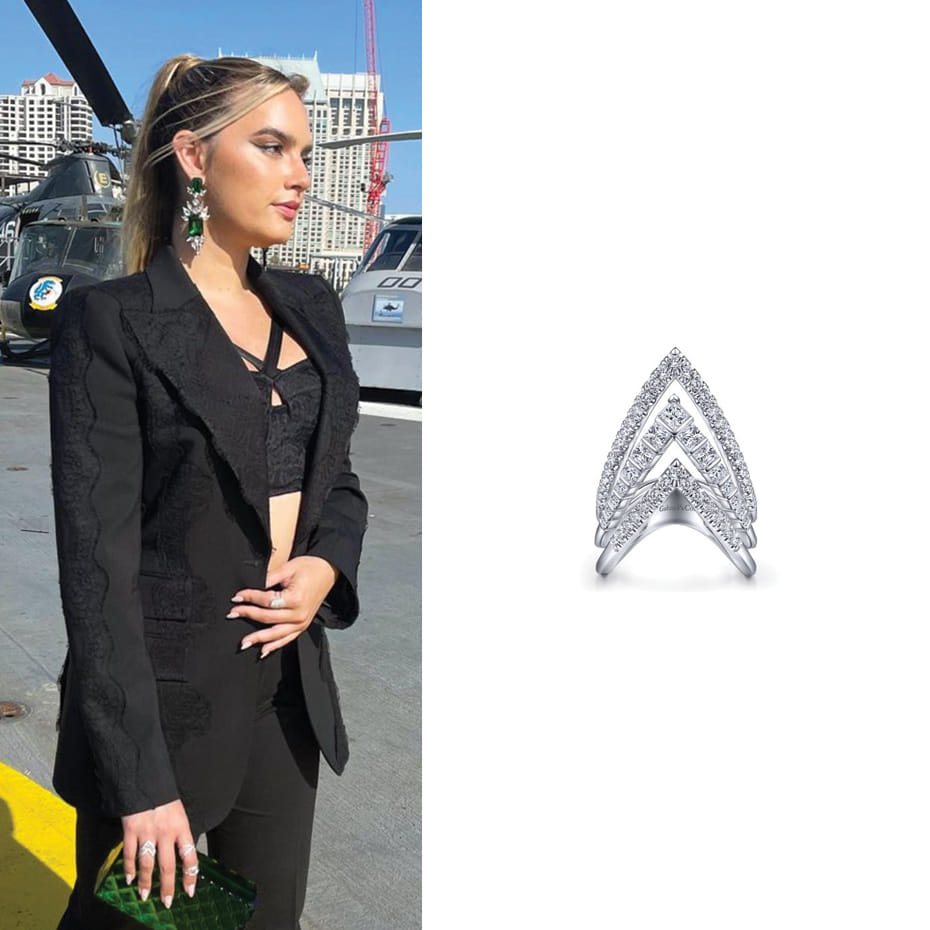 Influencer Natalie Noel wearing a Gabriel & Co. ring to the Top Gun ...